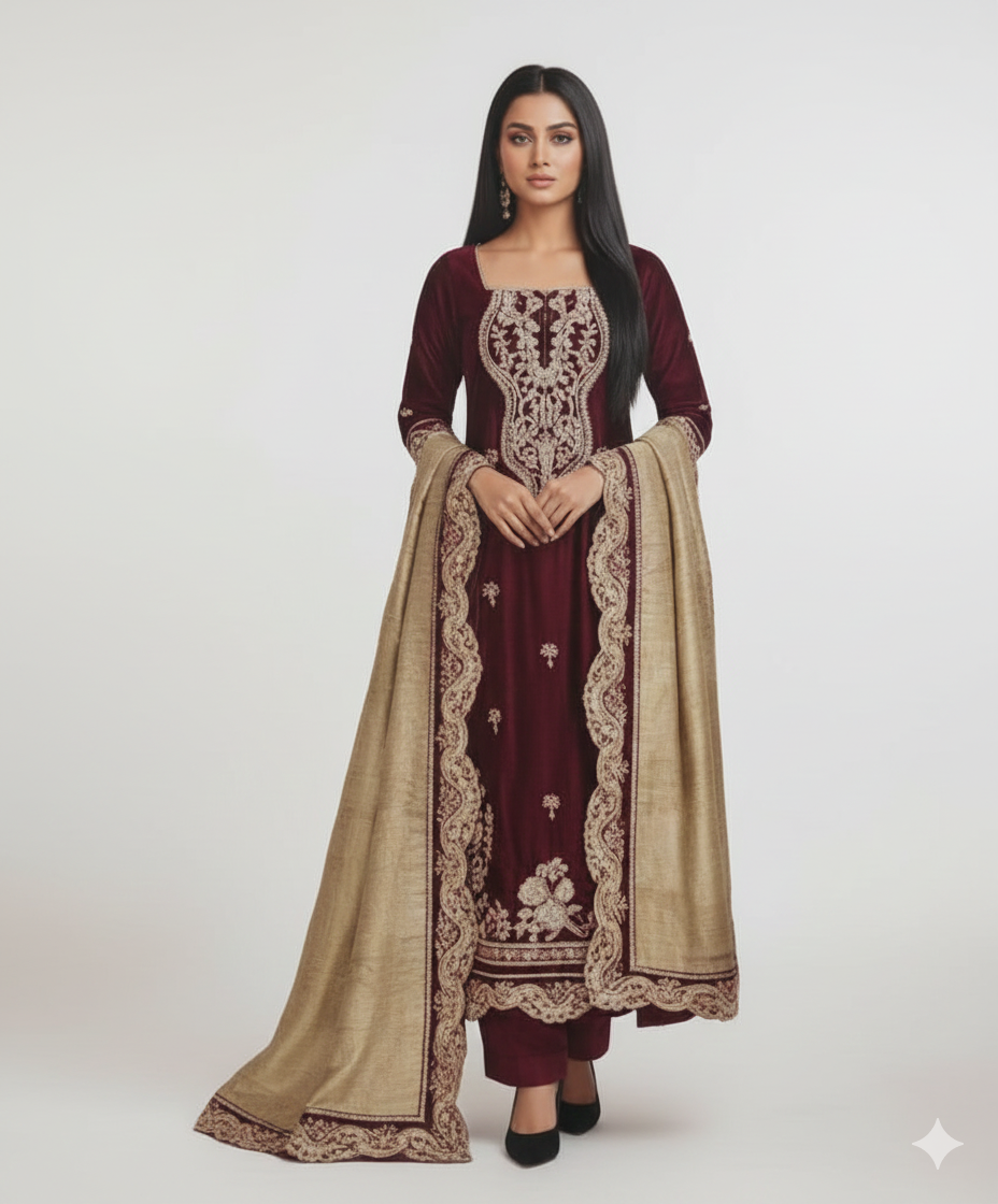 Bin Rashid Luxury Maroon Velvet – Heavily Embroidered 3-Piece Formal S ...